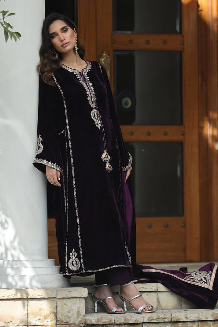 Farida Hasan Plum Embroidered 3 Piece Unstitched Velvet BA-0374-25 – B&A Apparels